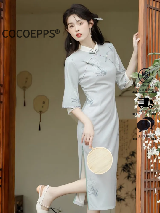 Cocoepps mới Cộng hòa Trung Quốc gió xanh đảo ngược tay áo lớn cải tiến sườn xám trẻ cao cấp khí ...