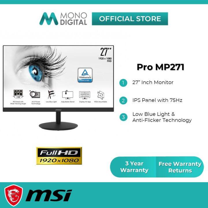 MSI Pro MP271 Monitor with 27 Inch Full HD (27"/1920x1080/75Hz/IPS ...