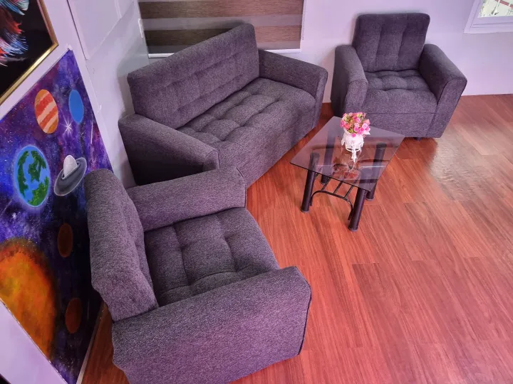 SALA SET DARK GREY FABRIC WITH GLASS TABLE URATEX FOAM | Lazada PH