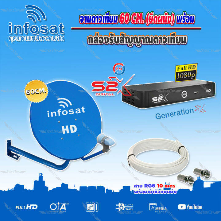 Infosat KU-BAND 60 cm. ยึดผนัง + PSI S2X HD (บอร์ดสีฟ้า) พร้อมสาย RG6 ...