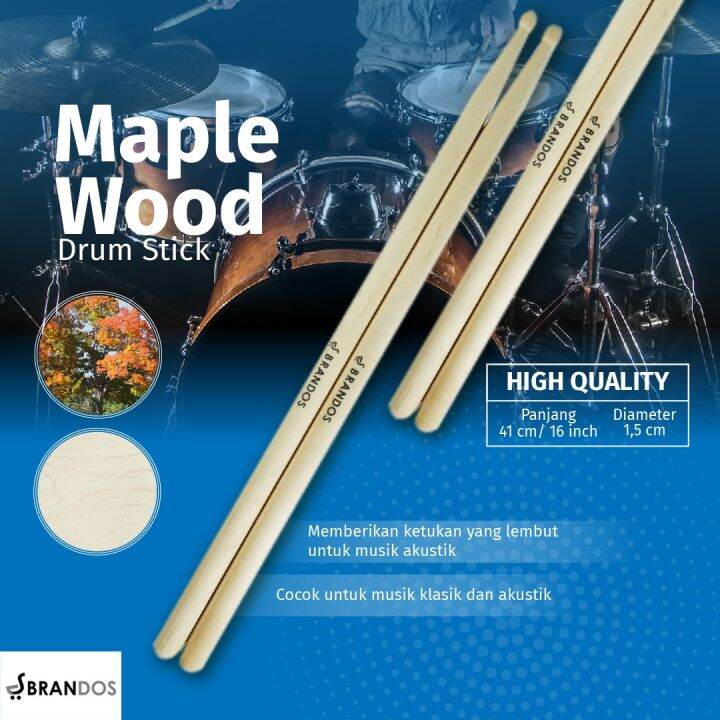 Stick Drum Bahan Kayu Hickory Walnut Oak Maple Ukuran 5A BRANDOS Stik Drum Impor STKD | Lazada ...