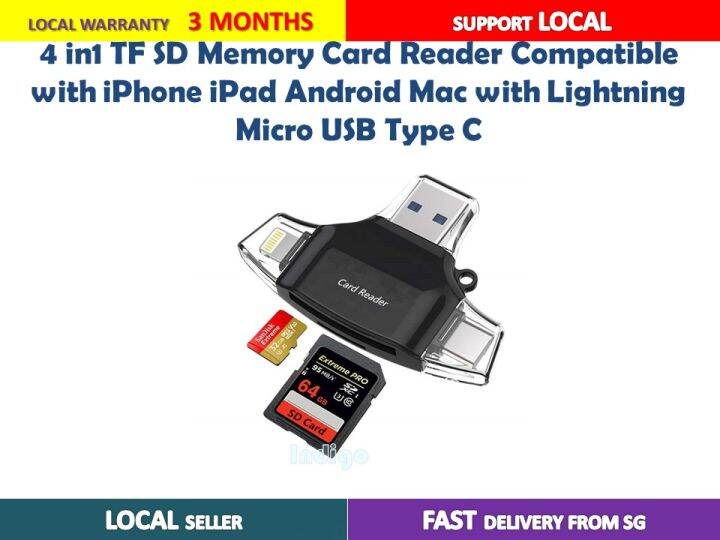 4 in 1 TF SD Memory Card Reader Compatible with iPhone iPad Android Mac ...