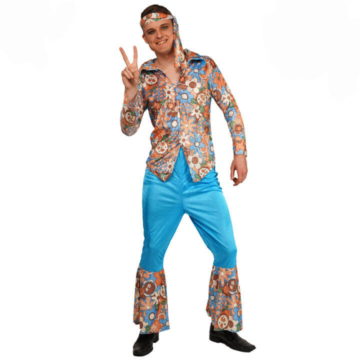 Hippie Costume for Men Sixties Seventies Disco Cosplay 60s 70s Decade Party Halloween Adult Male ...