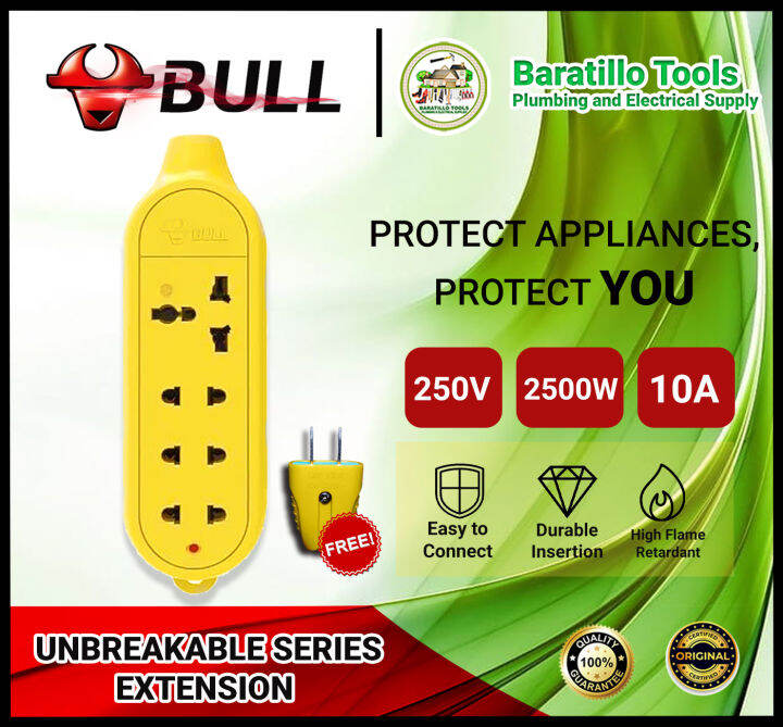 HEAVY DUTY Bull Unbreakable 4 Outlet + FREE Unbreakable Plug | Lazada PH