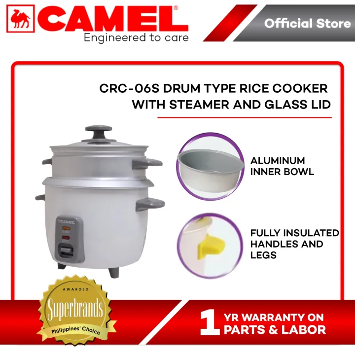 Camel CRC-06S Drum Type Rice Cooker with Steamer and Glass Lid (3 cups ...