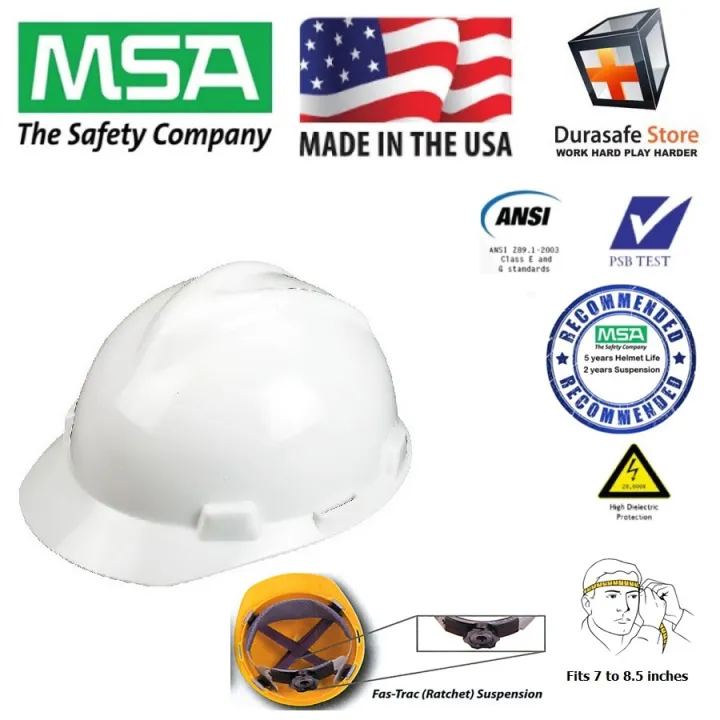 MSA 475358 V-Gard Slotted Safety Helmet Fas-Trac III Suspension ...