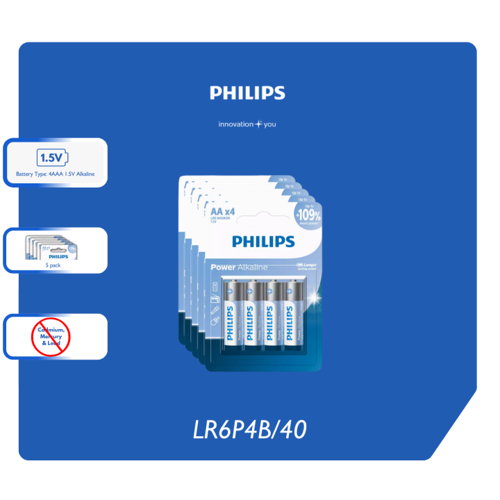 [Bundle 5x Packs] Philips (LR6P4B/40) 4AA Power Alkaline Battery ...