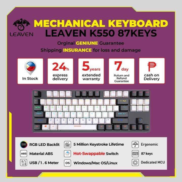 Hot sell 【100 Authentic】LEAVEN K550 Mechanical Keyboard 87Key With RGB Hot Swappable Wired ...