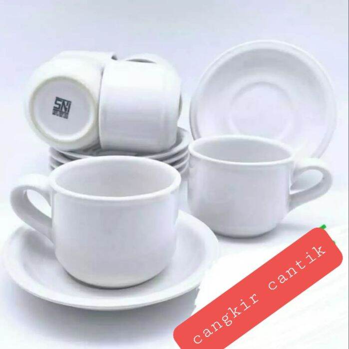 CANGKIR SET KERAMIK MOTIF POLOS (6 GELAS DAN 6 PIRING TATAKAN KECIL ...