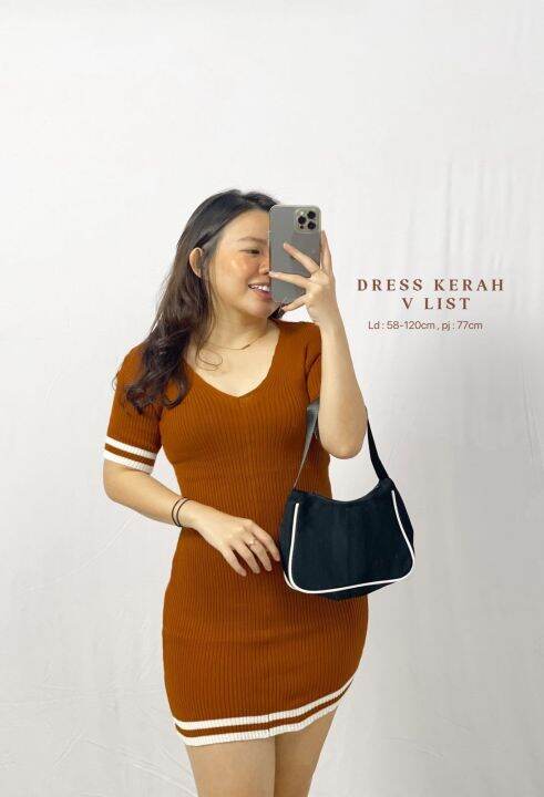 Dress Kerah V List Putih Rajut / Mini Dress / Bodycon Rajut | Lazada ...