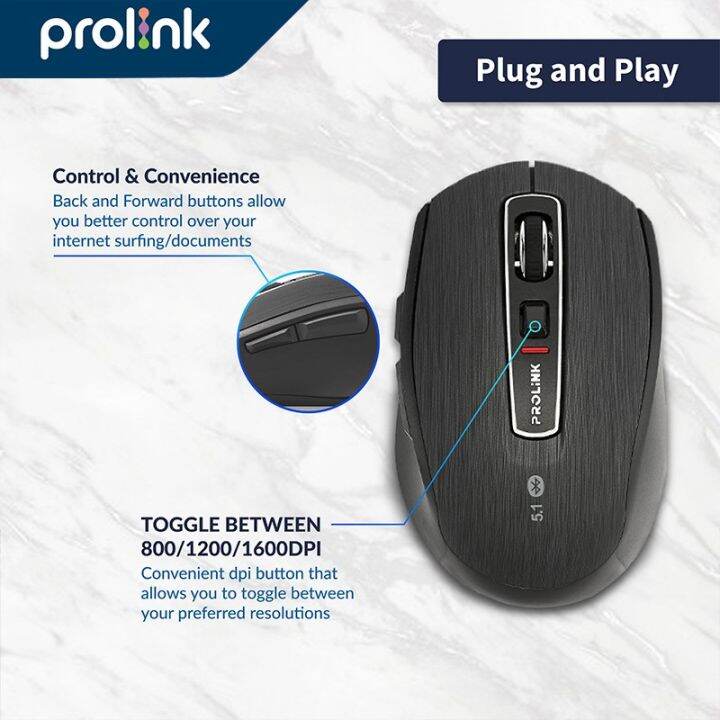 Prolink Mouse Wireless Bluetooth 5.1 BT 6 button DPI 800-1600 PMB8502 ...