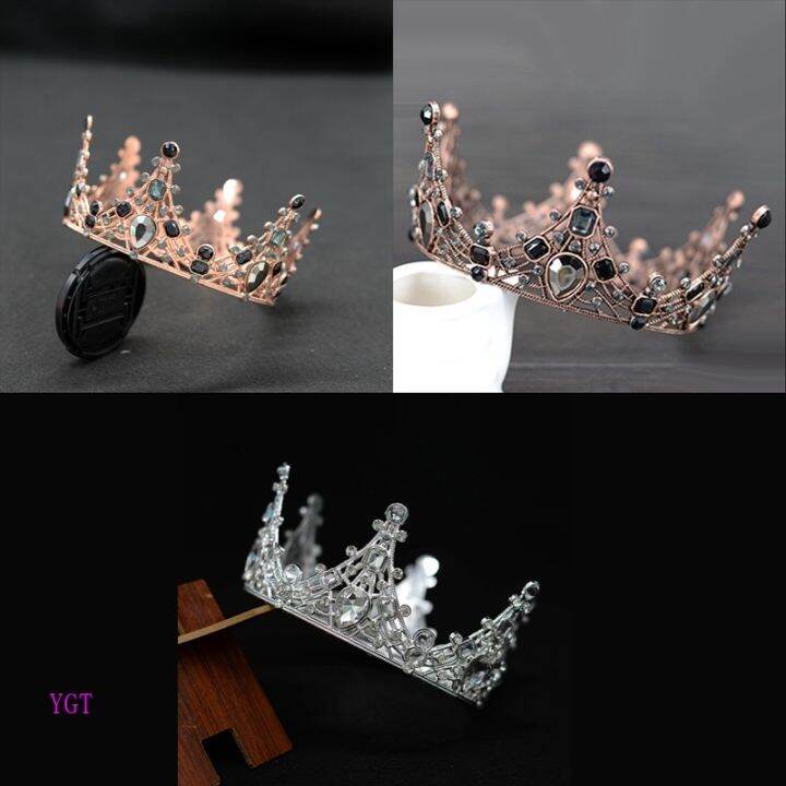【ready Stock】 Ygt Baroque Black Crystal Big Round Bridal Tiaras Crowns