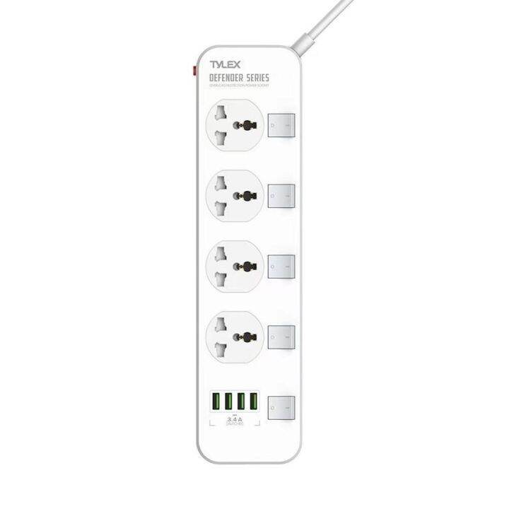 TYLEX XE02 4 Universal Socket Outlet 2 Meters Extension 4 USB Ports ...