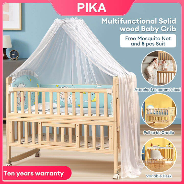 [Warranty]3in1 Baby Crib Solid Wood Crib Multifunctional Cradle Bed Wood Crib For Baby With ...