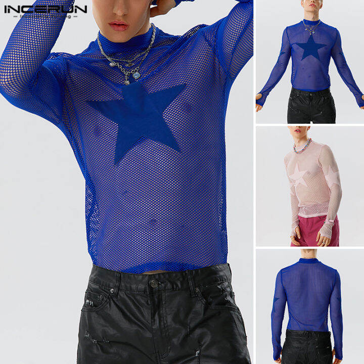 Beehoo INCERUN เสื้อผู้ชาย,แขนยาวเสื้อยืดตาข่ายปักรูปดาวกลวงแนวสปอร์ต ...