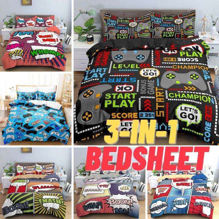 Happy Kids | 3-in-1 Set Bed Sheet Comic Design / Pattern Bedsheet Set ...