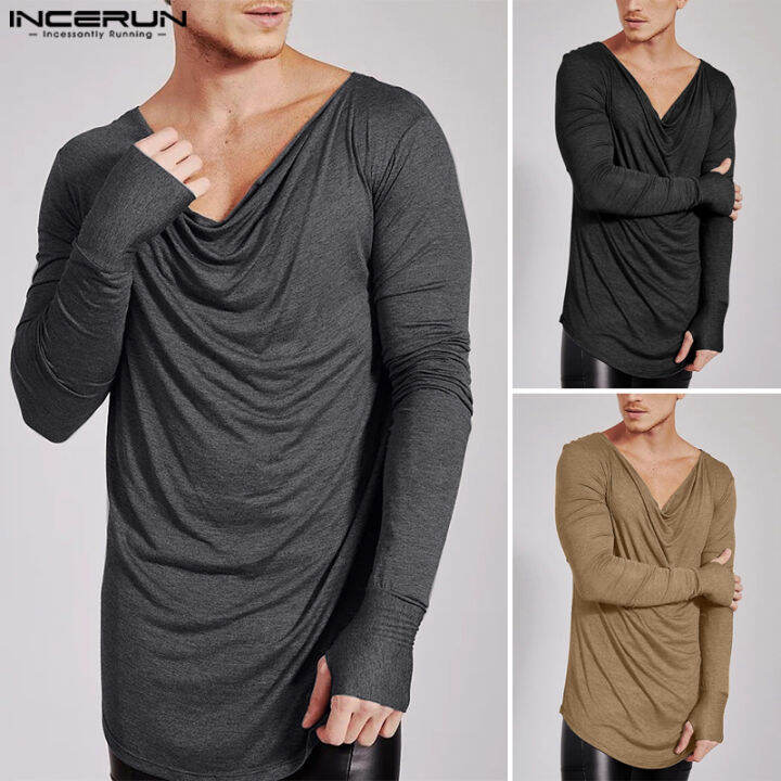 Beehoo INCERUN เสื้อยืดหลวมผู้ชาย,แขนยาวทรงหลวมคอวีเปิดไหล่สไตล์ตะวันตก ...