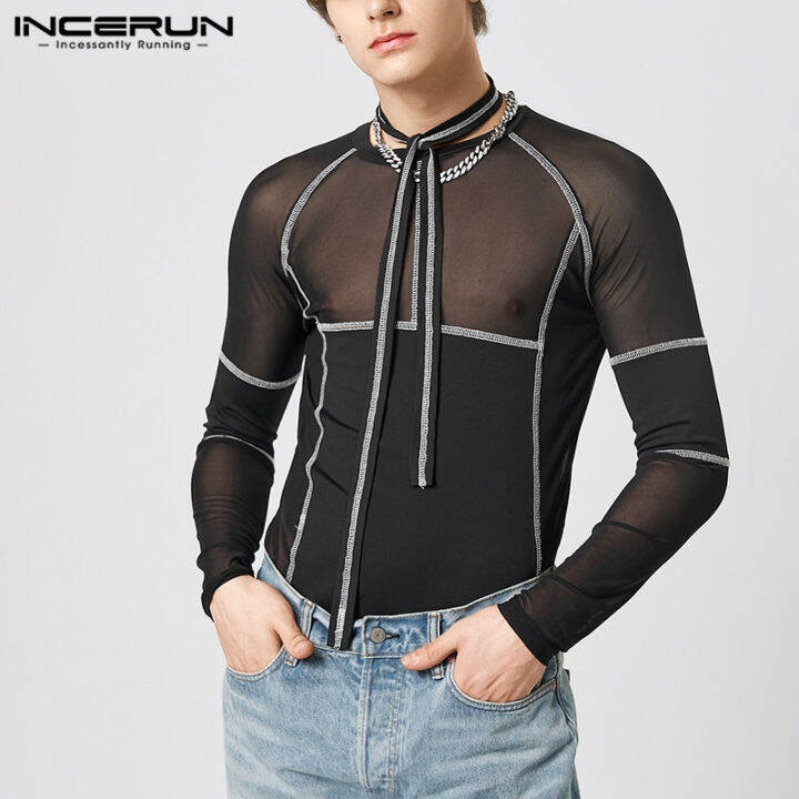 [Perfectly] INCERUN Men Mesh T Shirt Blouse Long Sleeve See Through ...