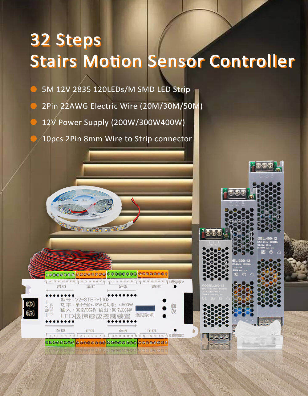 32ช่องบันได LED Strip Motion Sensor Controller DC 12V 24V Night Light ...