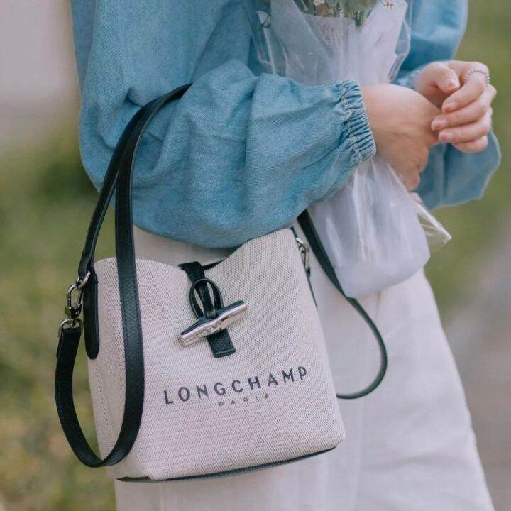 Original Longchamp Canvas With Calfskin Cross body Bucket Bag Bamboo ...
