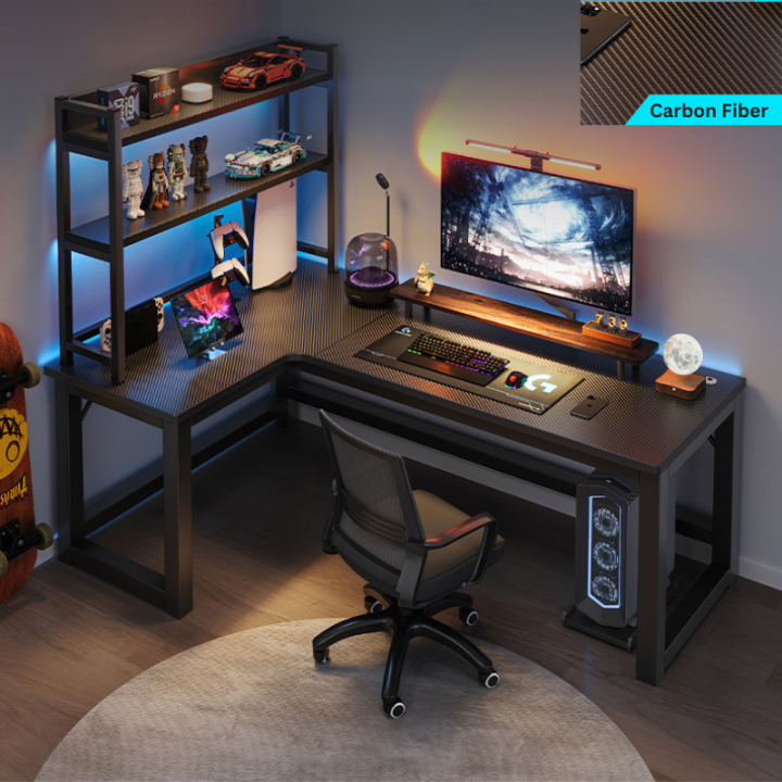 Carbon Fibre L Shape Gaming Table Office Study Table Meja Gaming ...