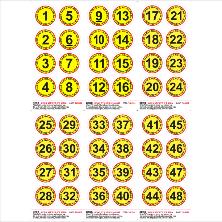 TABLE NUMBER STICKER WITH HEAVY DUTY MATTE LAMINATED, NUMBER 48MM ...