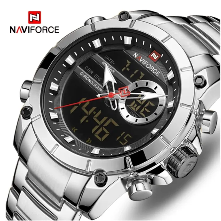 Naviforce Silver Stainless Steel Men Army Military Dual Display Quartz ...