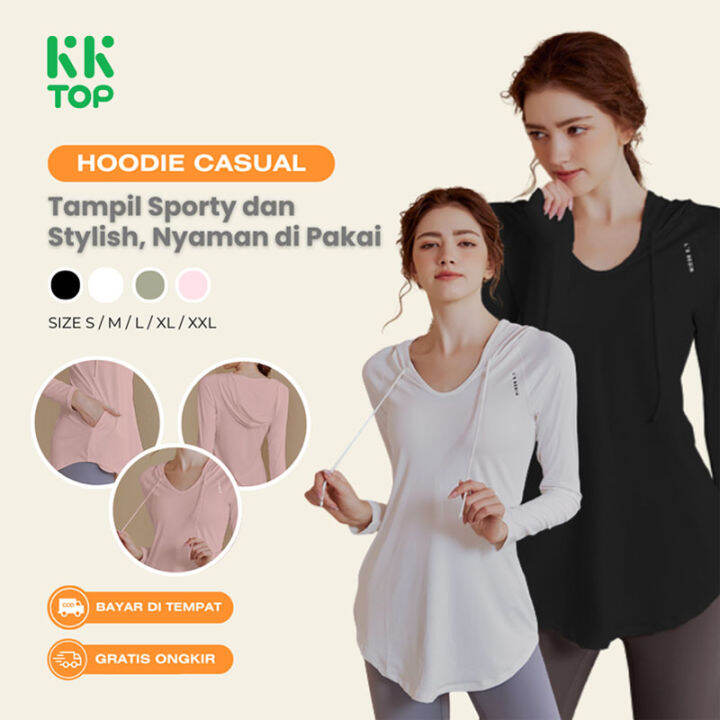 KKTOP Baju Olahraga Wanita Hoodie Kaos Lengan Panjang Sport Gym Casual ...