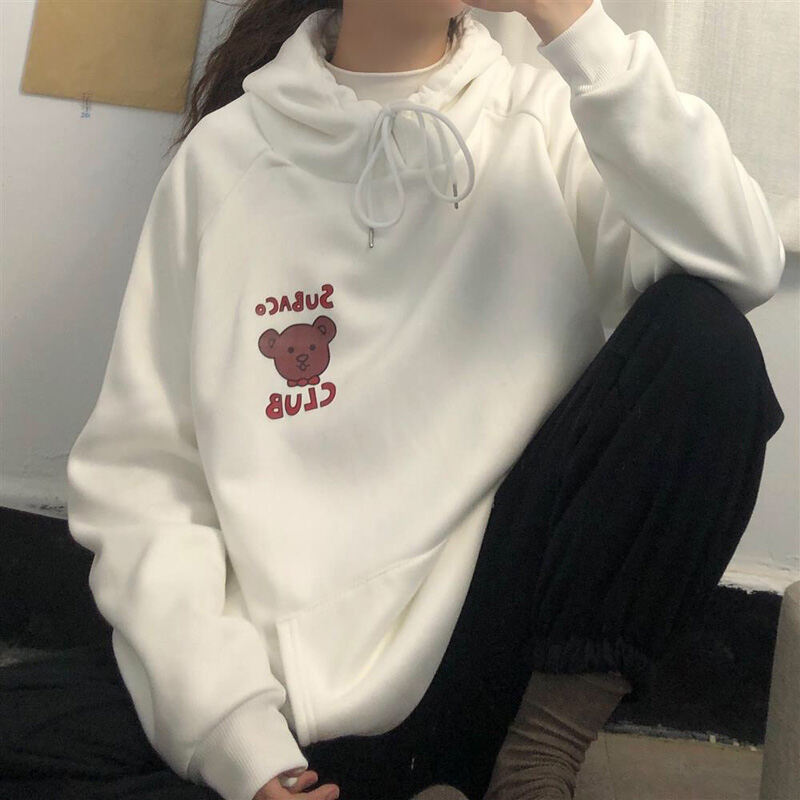 Women Hoodies Thicken Velvet Cartoon Bear Loose Sweatshirts Korean Ulzzang Style Hoody Pullover Tops