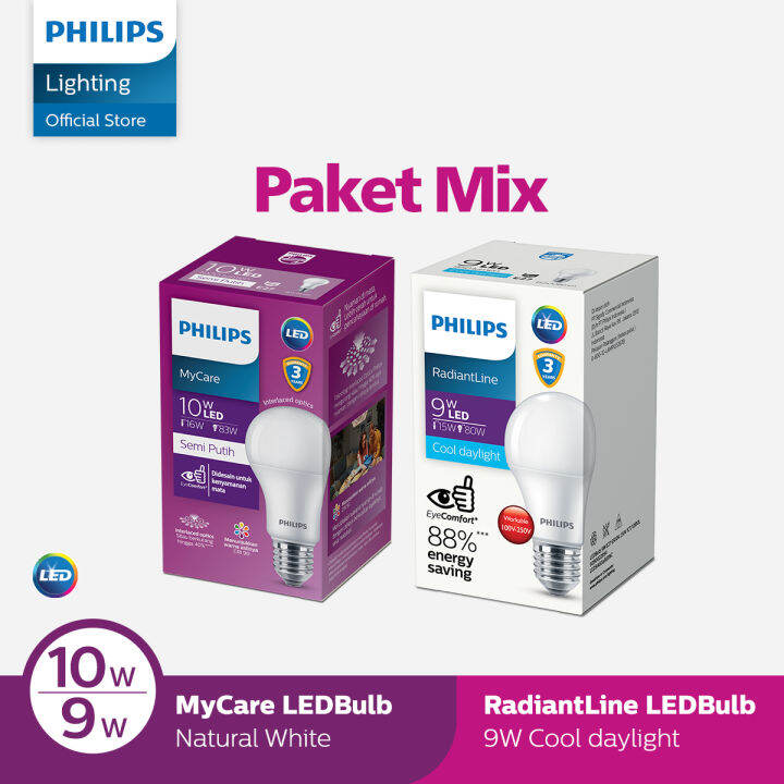 Paket Mix Philips Radiantline LEDBulb 9W Putih + Mycare LEDBulb 10W Natural | Lazada Indonesia