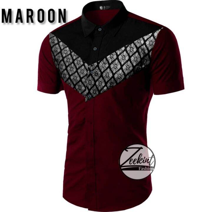 Baju Batik Kombinasi Polos Kemeja Hem Polos variasi Batik | Lazada ...