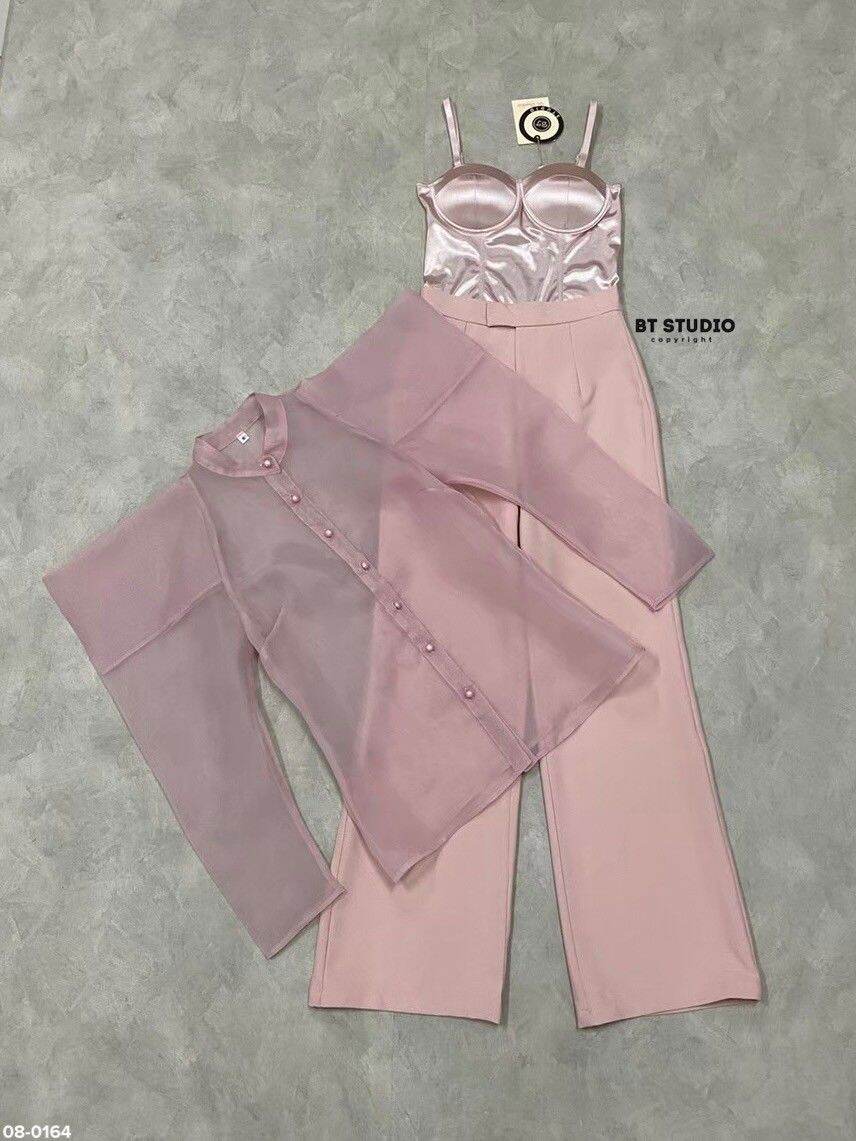 งานป้าย BT-Studio set 3ชิ้นเสื้อเชิ้ตชีฟองแต่งแขนตั้งกระดุมหน้า มาพร้อมเสื้อครอปสายเดี่ยว ...