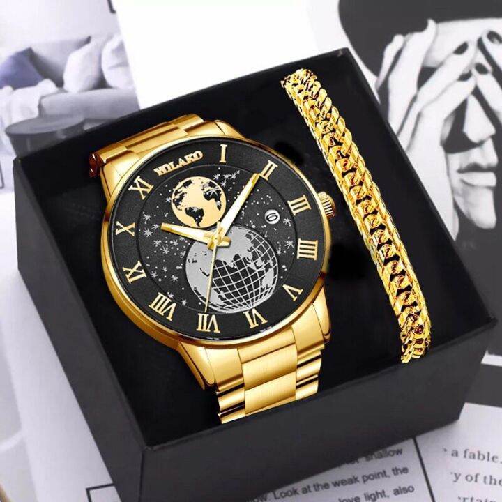 YOLAKO 【ซื้อ1แถม1】นแฟชั่นบุรุษนาฬิกาสร้อยข้อมือทองหรูหราของแท้กันน้ำ ...