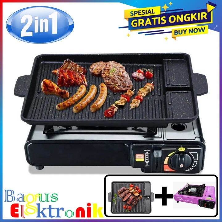 PAKET 1 SET 2IN1 KOMPOR PORTABLE TABUNG GAS 3KG / KALENG Square Grill ...