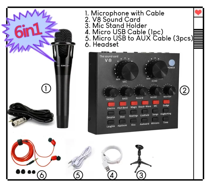 6-in-1 V8 Sound Card Studio Series Microphone Condenser Microphone V8 ...
