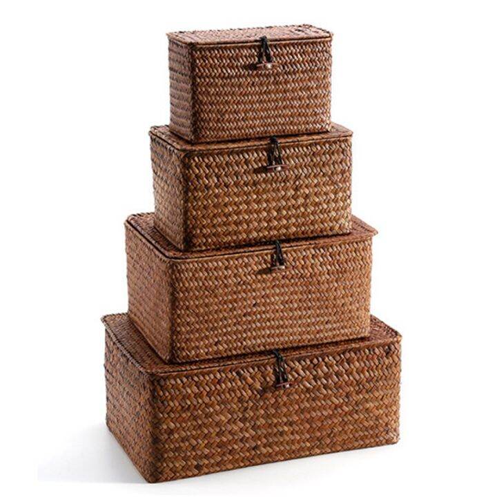 Woven Straw Storage Bins with Lid - Set of 4 - Rectangular Seagrass ...