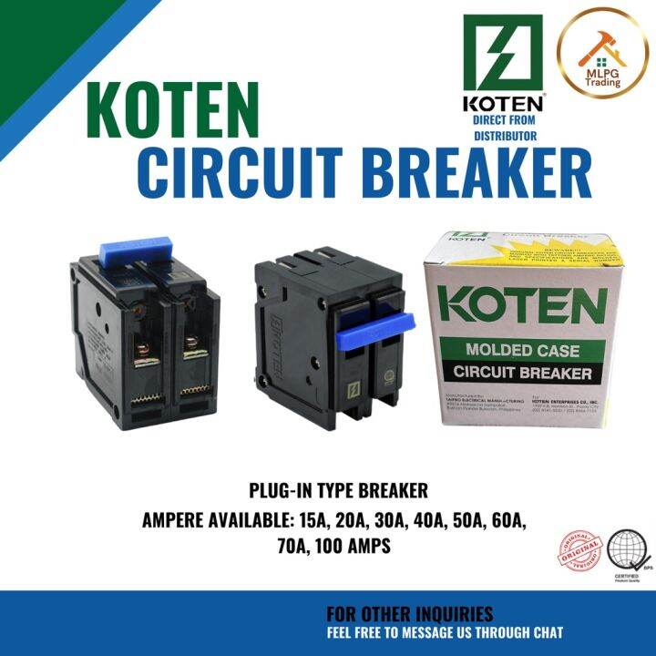 Koten Circuit Breakers 2 Pole (HPH-P) PLUG-IN 15A 20A 30A 40A 60A 70A 100A | Lazada PH