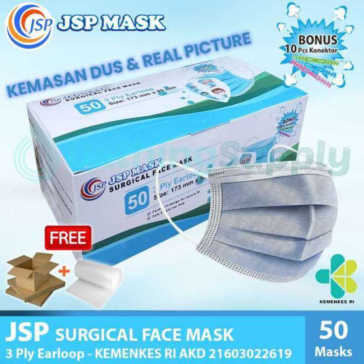 MASKER MEDIS JSP MASK SURGICAL FACE MASK 3 PLY EARLOOP ASLI IJIN KEMENKES TERTERA NOMOR IJIN DI ...