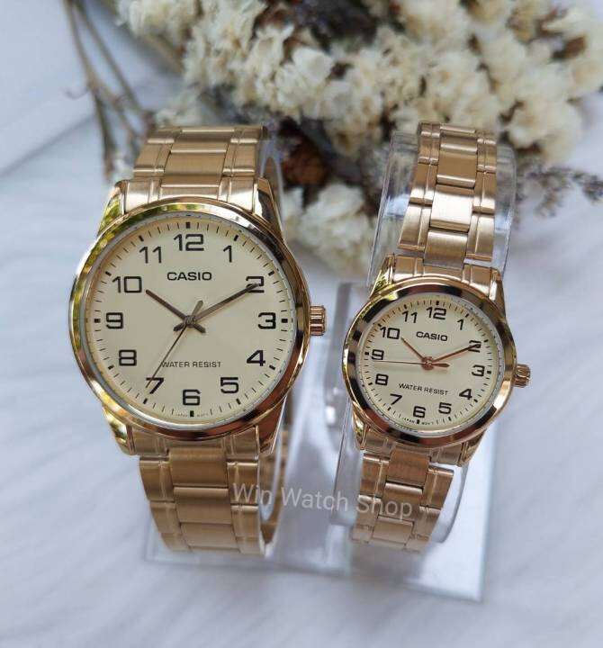 นาฬิกาคู่รัก Casio Standard รุ่น MTP-V001G-9B และ LTP-V001G-9B สายแสตนเลสสีทอง - ของแท้ 100% รับ ...