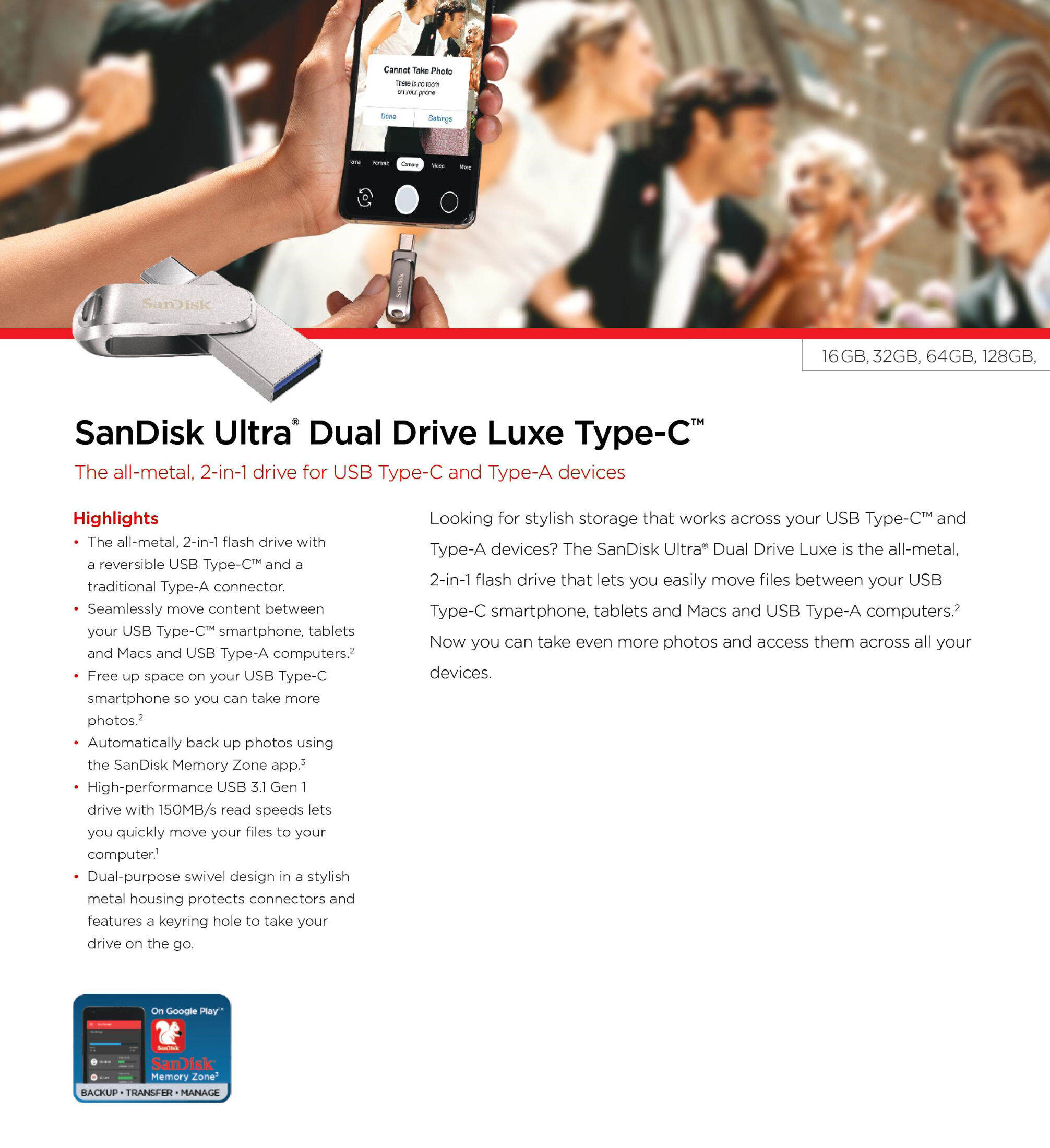 แฟลชไดร์ฟ OTG SANDISK Flash Drive Ultra Dual Drive Luxe USB 3.1 Type C (SDDDC 4 - G 46) 16 GB 32 ...