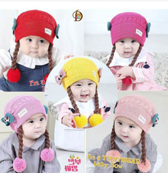 Topi Bayi Kupluk Rambut Kepang Motif Pita / Baby Hat Wig / Topi Bayi ...