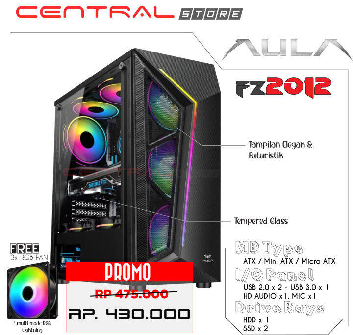 Casing PC AULA FZ012 ATX Tempered Komputer Gaming Case FREE 3 fan RGB ...
