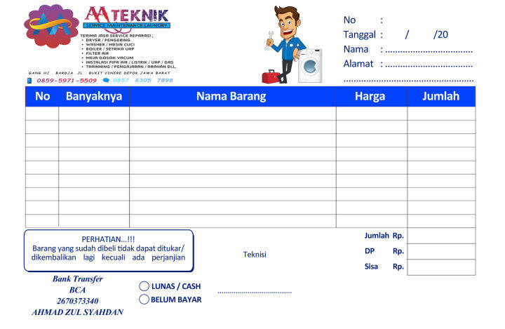 cetak nota berwarna 1ply ukuran 1/4 folio 10 x 16,5 bon loundry nota ...