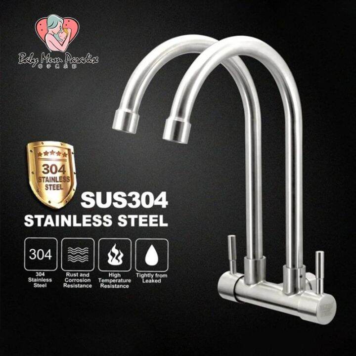 🇲🇾💖ReadyStock Malaysia💖🇲🇾 Kitchen Sink Faucet Double Wall Tap 360° Stainless Steel / Pillar Sink ...