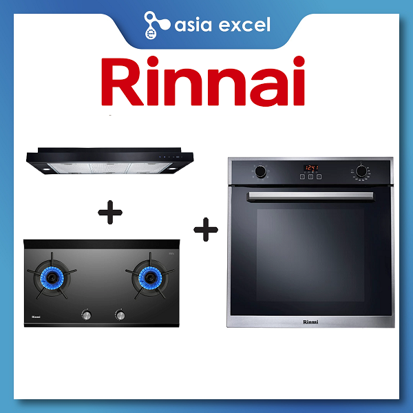 RINNAI RH-S329-PBR 90CM BLACK SLIMLINE HOOD + RINNAI RB-2CGN 2 BURNER GLASS HOB + RINNAI RO ...
