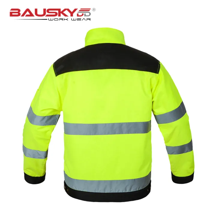 Bauskydd Work Jacket Men hi vis Jacket Fluorescent Yellow Night Safety Reflective Coat Cargo ...