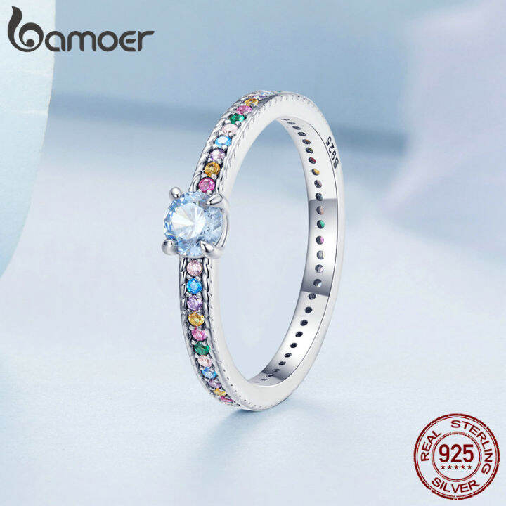 (ร้อน) Bamoer 925เงินสเตอร์ลิงที่เรียบง่ายที่มีสีสันแหวนนิ้วหลายสีเพทายแหวนสำหรับผู้หญิงของขวัญ ...