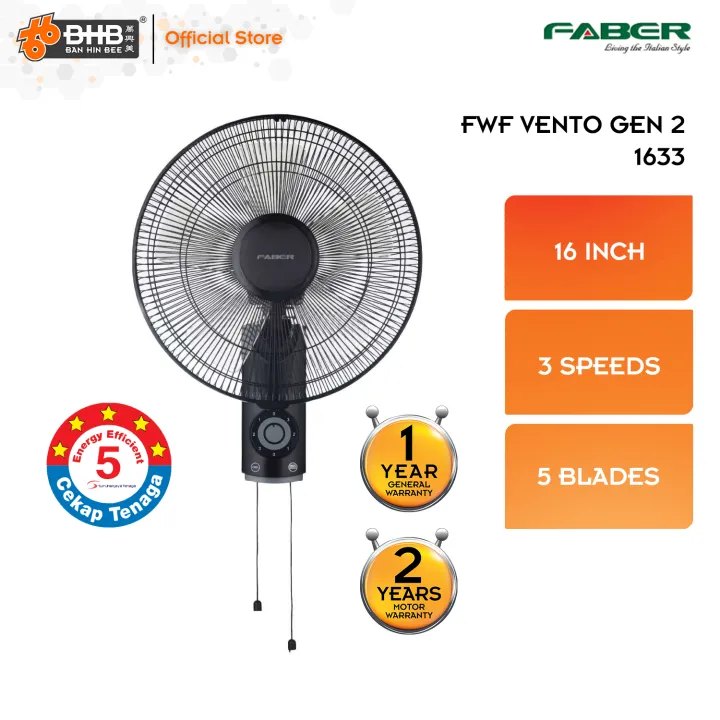Faber FWF VENTO GEN 2 1633 Wall Fan 16 Inch, 5 Blades, 3 Speeds, 100% ...