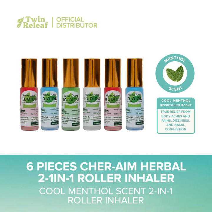 Twin Releaf CHERAIM Thai Herbal 2-in-1 Roller Inhaler (x6) [Relieves ...