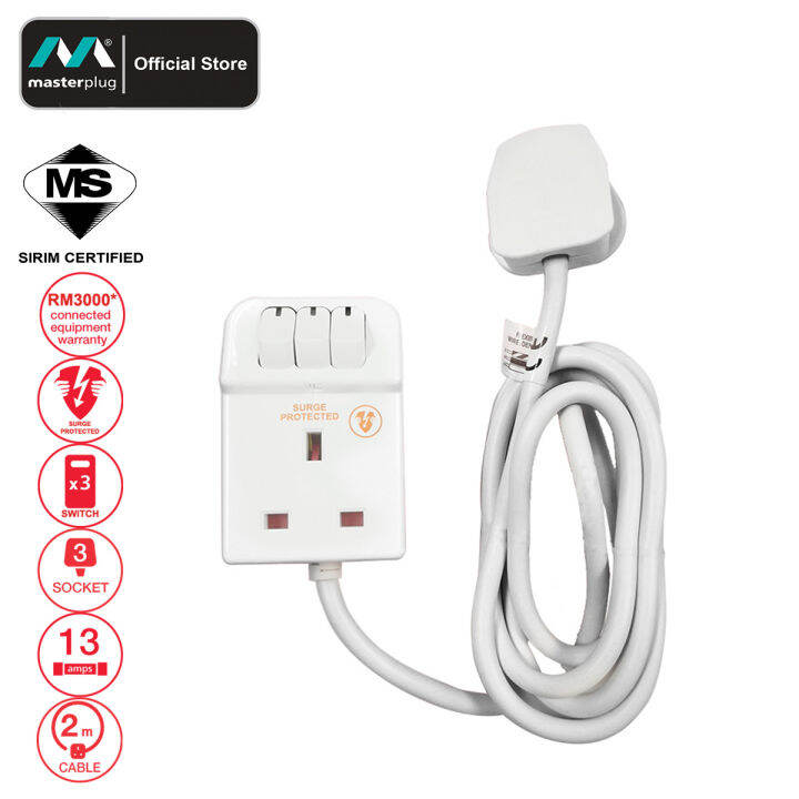Masterplug Surge Protector 3 Gang 2 Meter 13Amp Switched Extension Lead ...